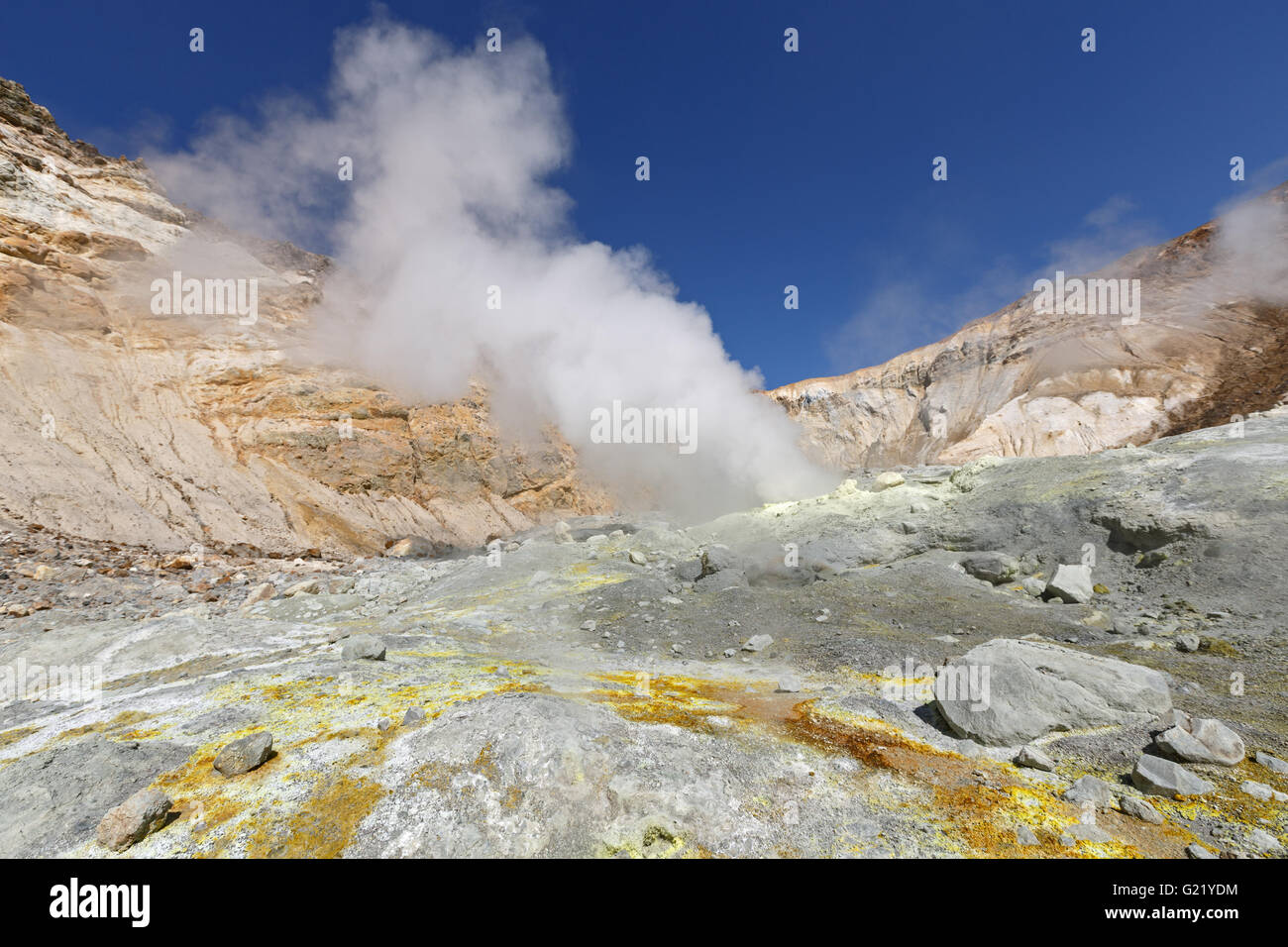 Volcanic landscape of Kamchatka: brimstone and fumarole field in crater ...