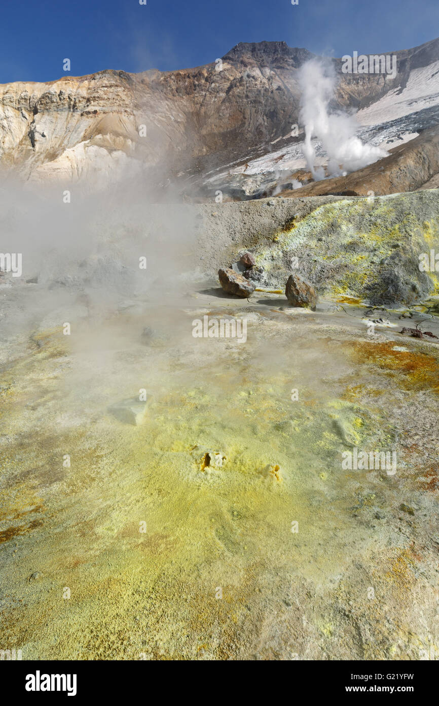 Volcanic landscape of Kamchatka: brimstone and fumarole field in crater ...