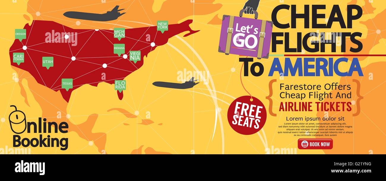 Cheap Flight To America 1500x600 Pixel Banner Vector Illustration Stock ...