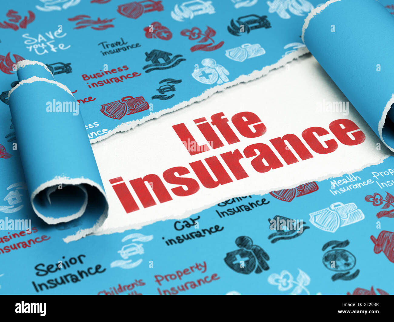 Insurance concept: red text Life Insurance under the piece of torn ...