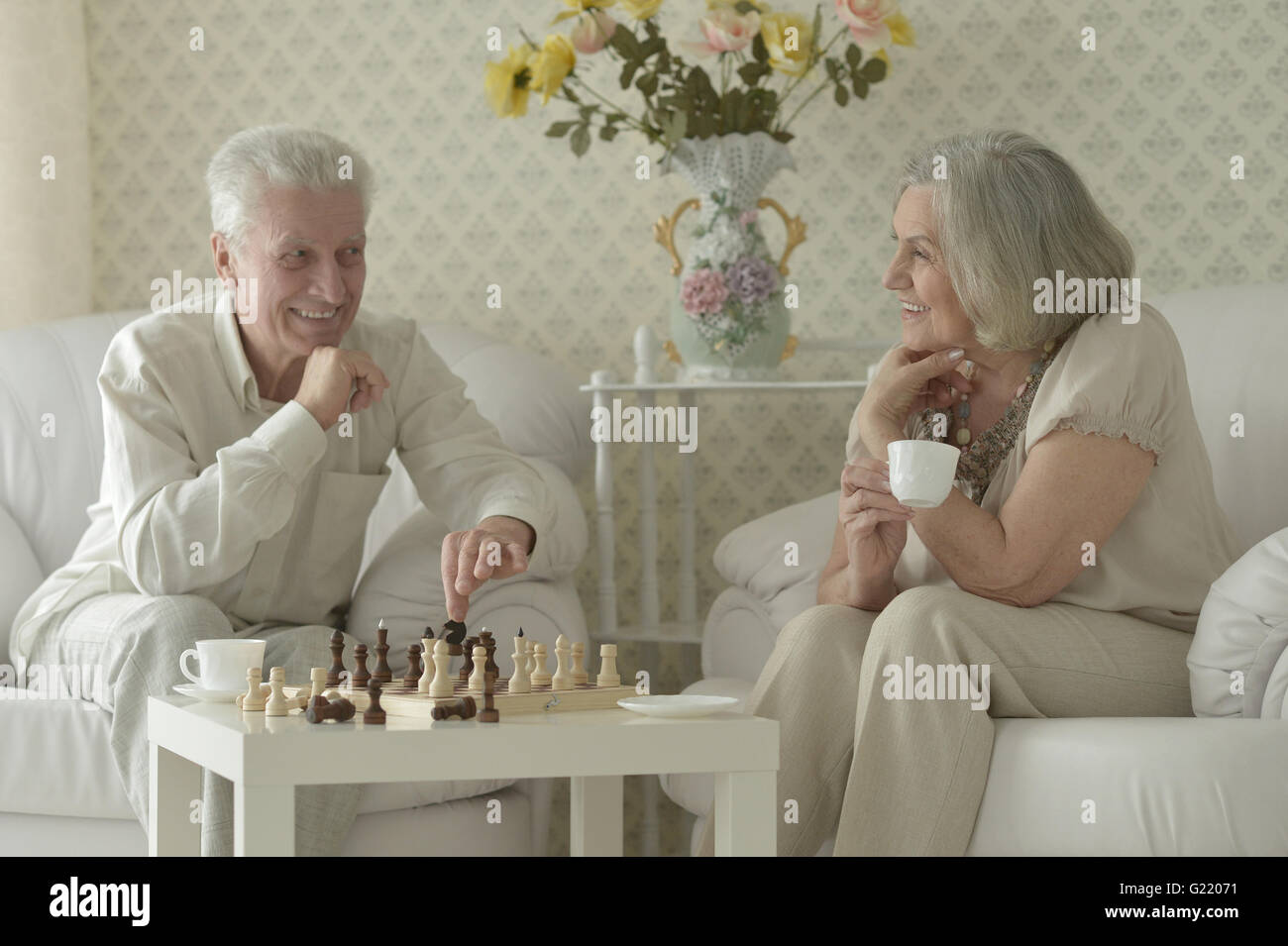 happy Senior couple playing chess Stock Photo - Alamy