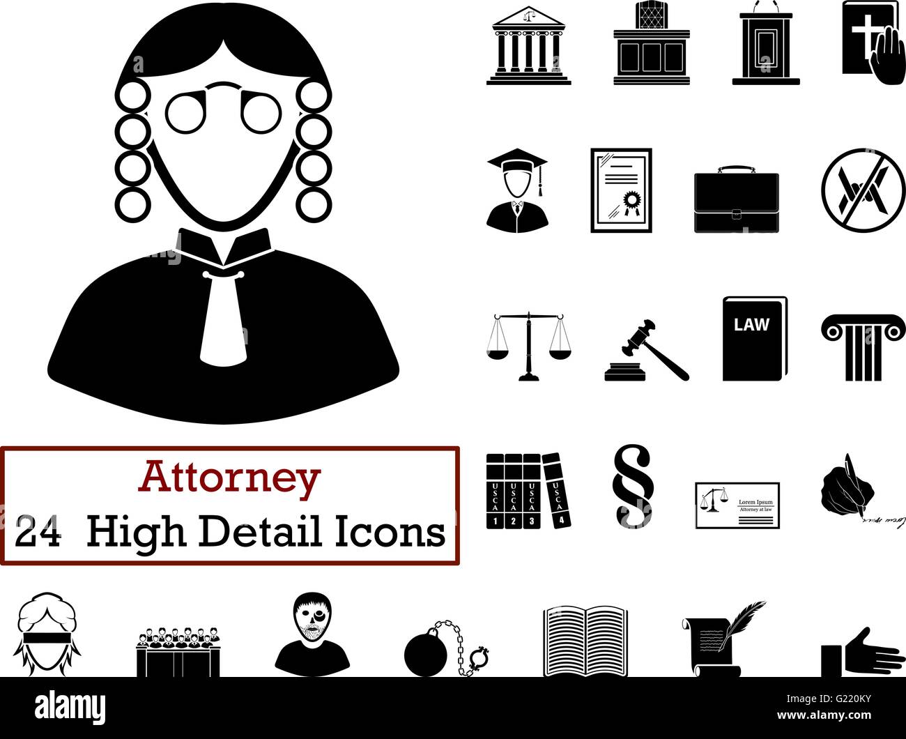 Set of 24 Attorney Icons in Black Color.Vector illustration Stock ...