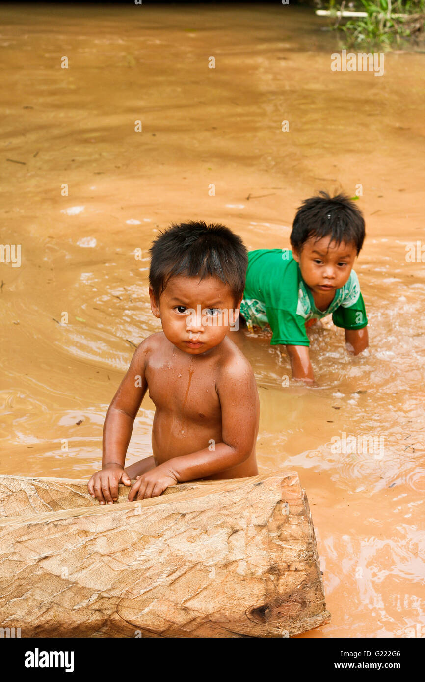 Matses kids playing in Amazon river. Buen Peru. Amazon, Peru Stock ...