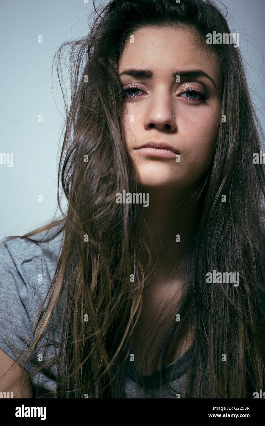 problem depressioned teenage with messed hair and sad face, real junky ...