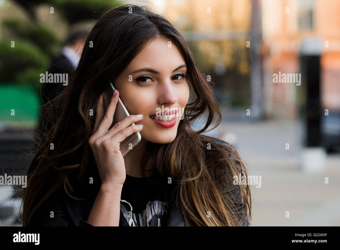 Woman phone talking. Closeup young happy beautiful smiling girl lady ...