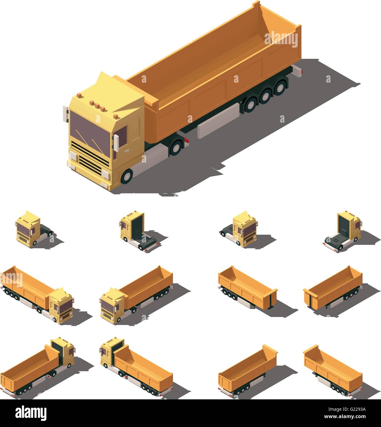 Vector isometric truck with tipper semi-trailer icon set Stock Vector ...