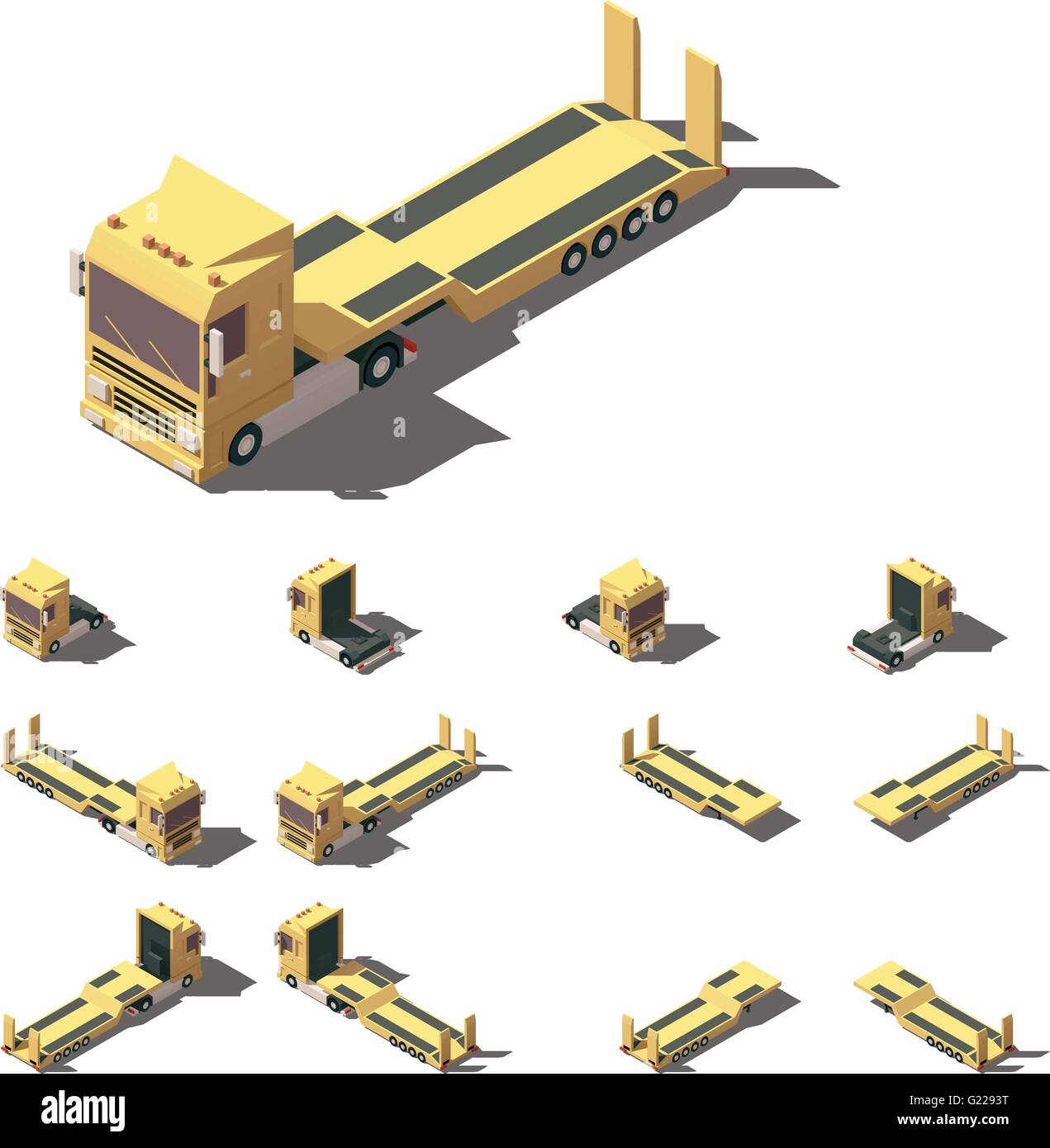 Vector isometric truck with lowboy semi-trailer icon set Stock Vector ...