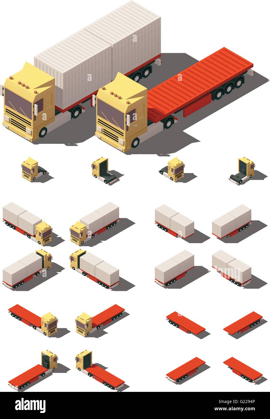 Vector isometric truck with container semi-trailer icon set Stock ...