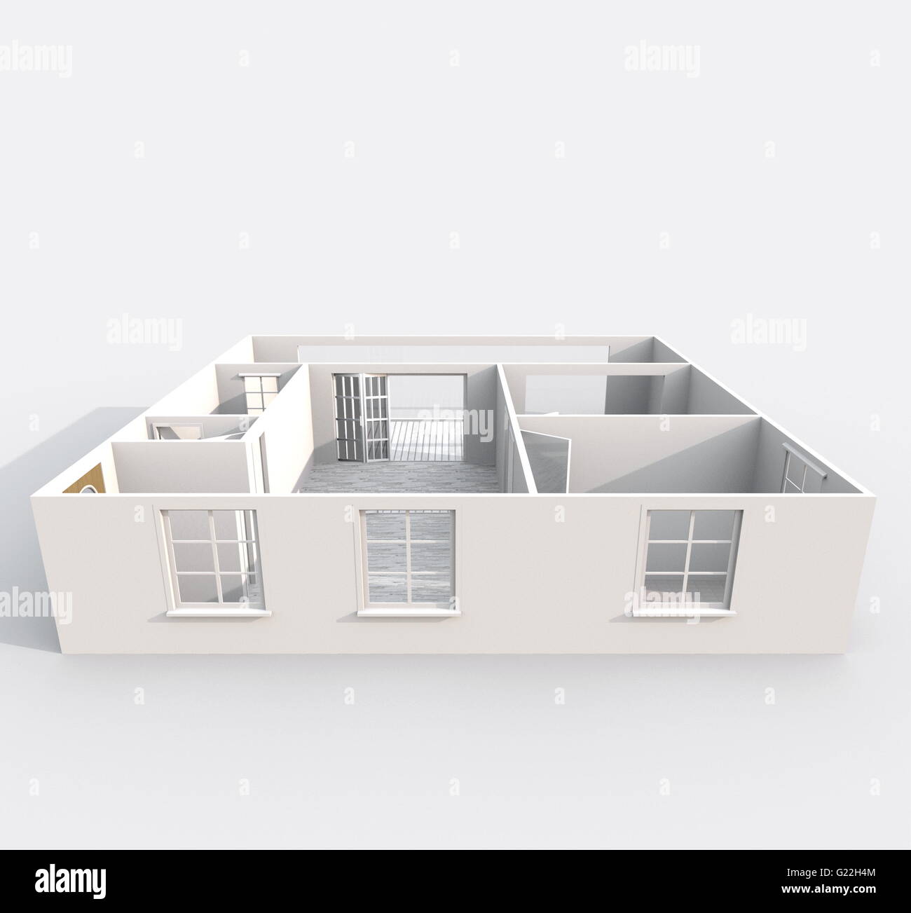 3d interior rendering oblique view of empty roofless paper model home ...