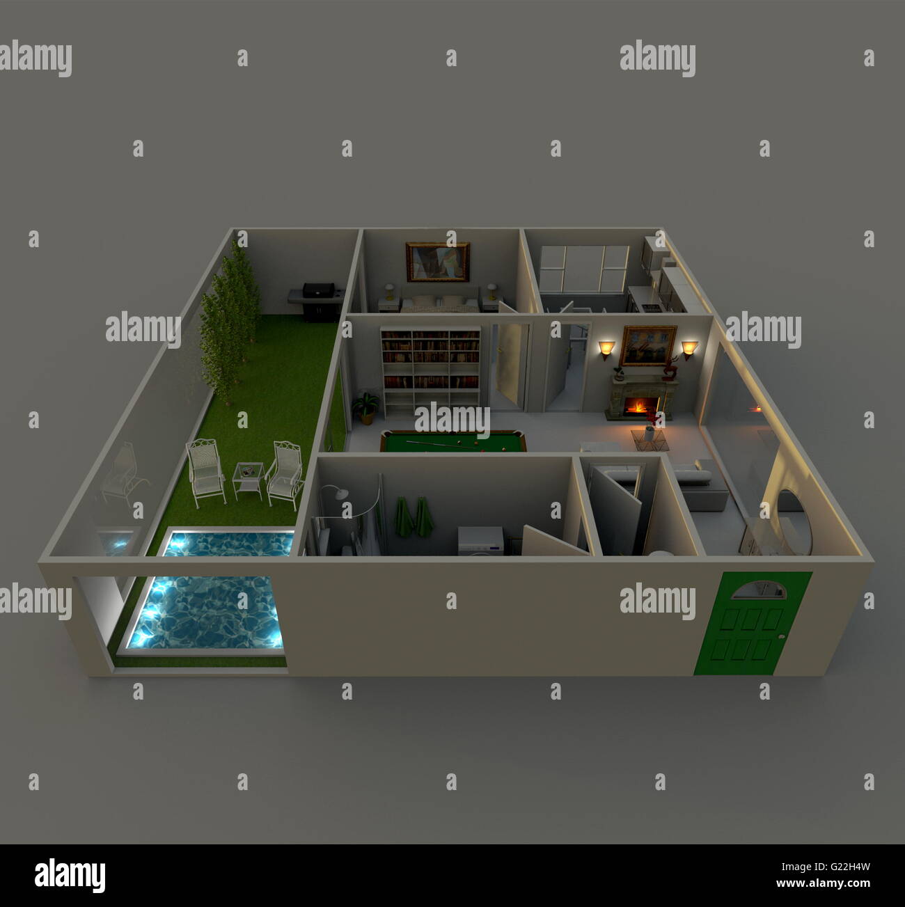 3d interior rendering oblique view of furnished roofless paper model ...