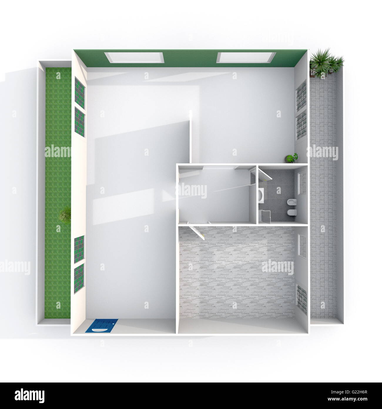 3d interior rendering plan view of empty roofless home apartment with ...
