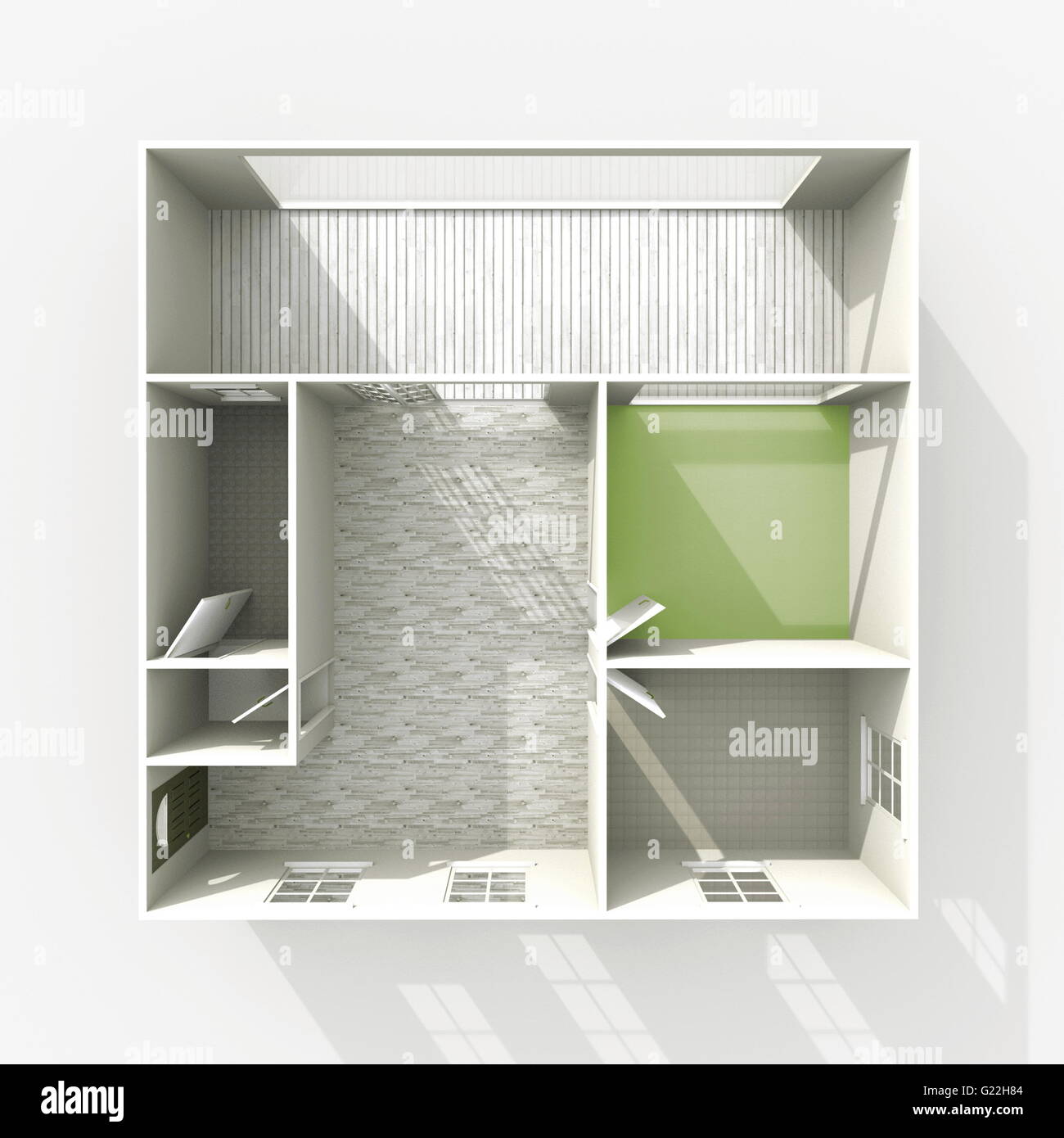 3d interior rendering plan view of empty roofless home apartment with ...