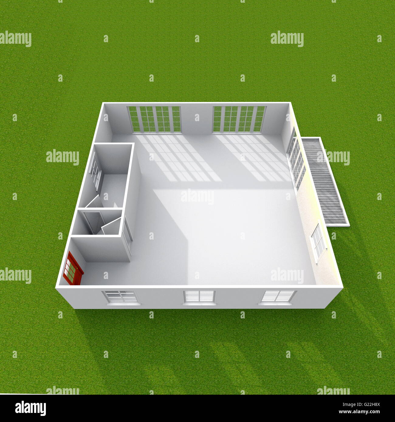 3d interior rendering oblique view of empty roofless paper model home ...