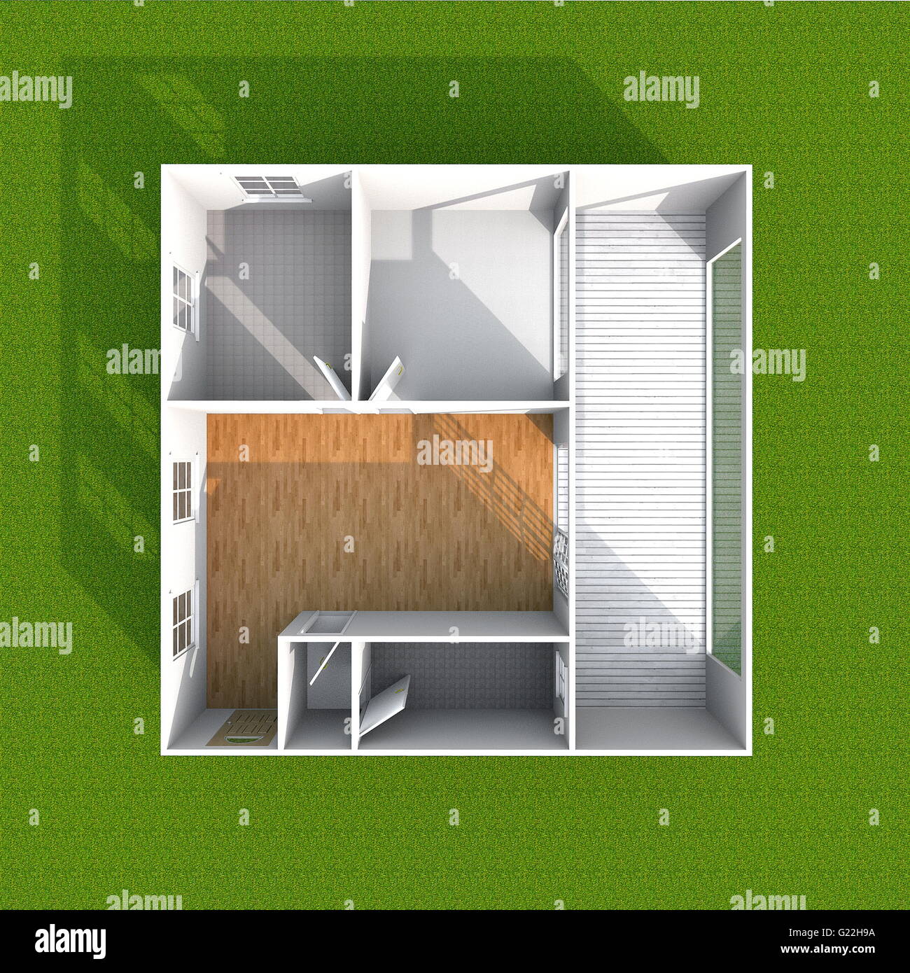 3d interior rendering plan view of empty roofless paper model home ...