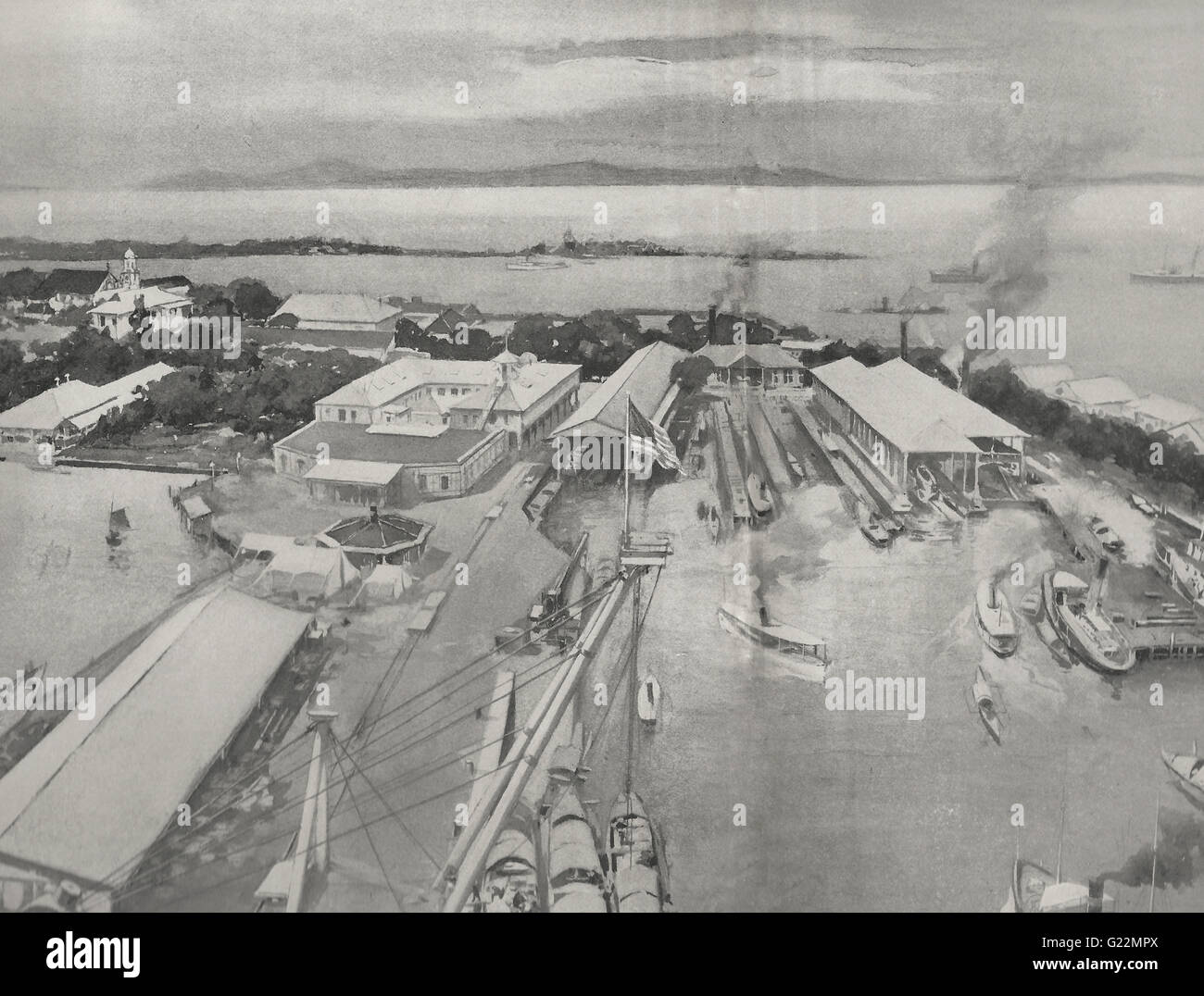 Birds Eye View of Cavite, showing the Arsenal, Fortifications, and ...