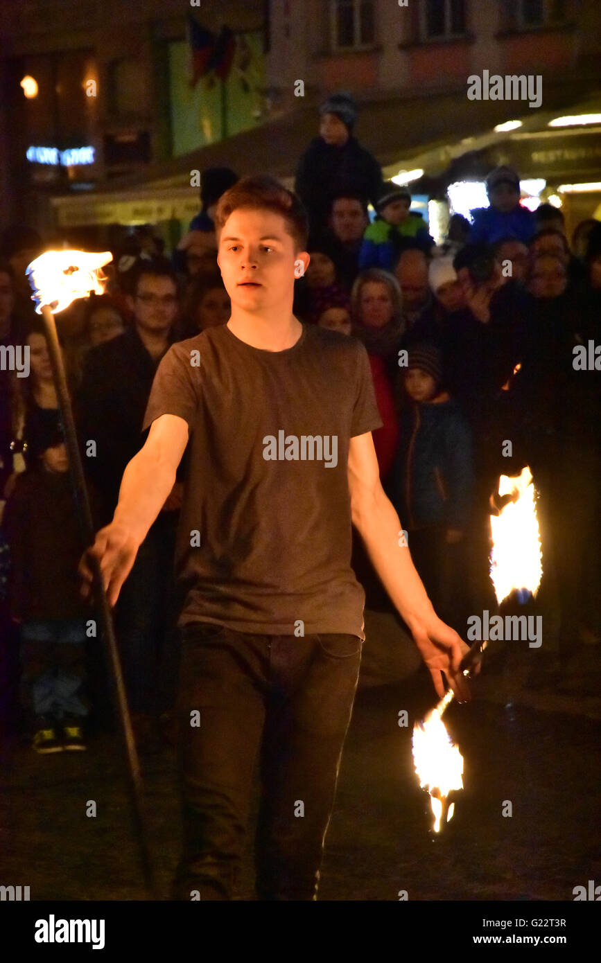 Fire eating street performer, Wenceslas Square, Prague, Czech Republic ...