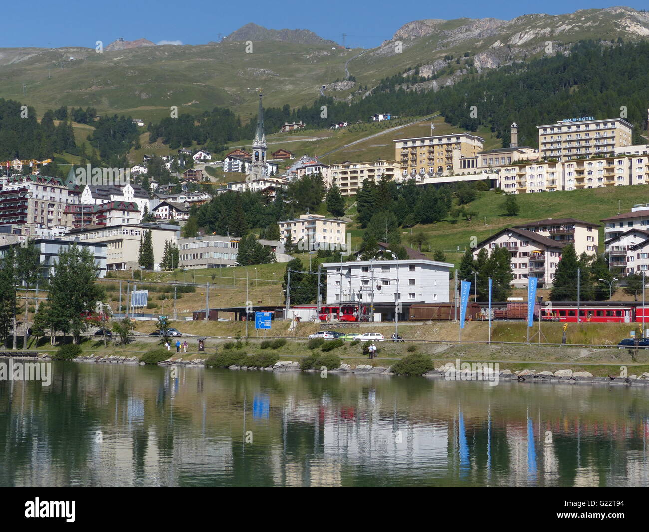 Switzerland - Saint Moritz with Lake St. Moritz in morning Stock Photo ...