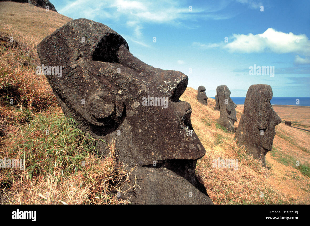 Easter Island, Rapa Nui, Moais rest at the foot of Rano Raraku Stock ...