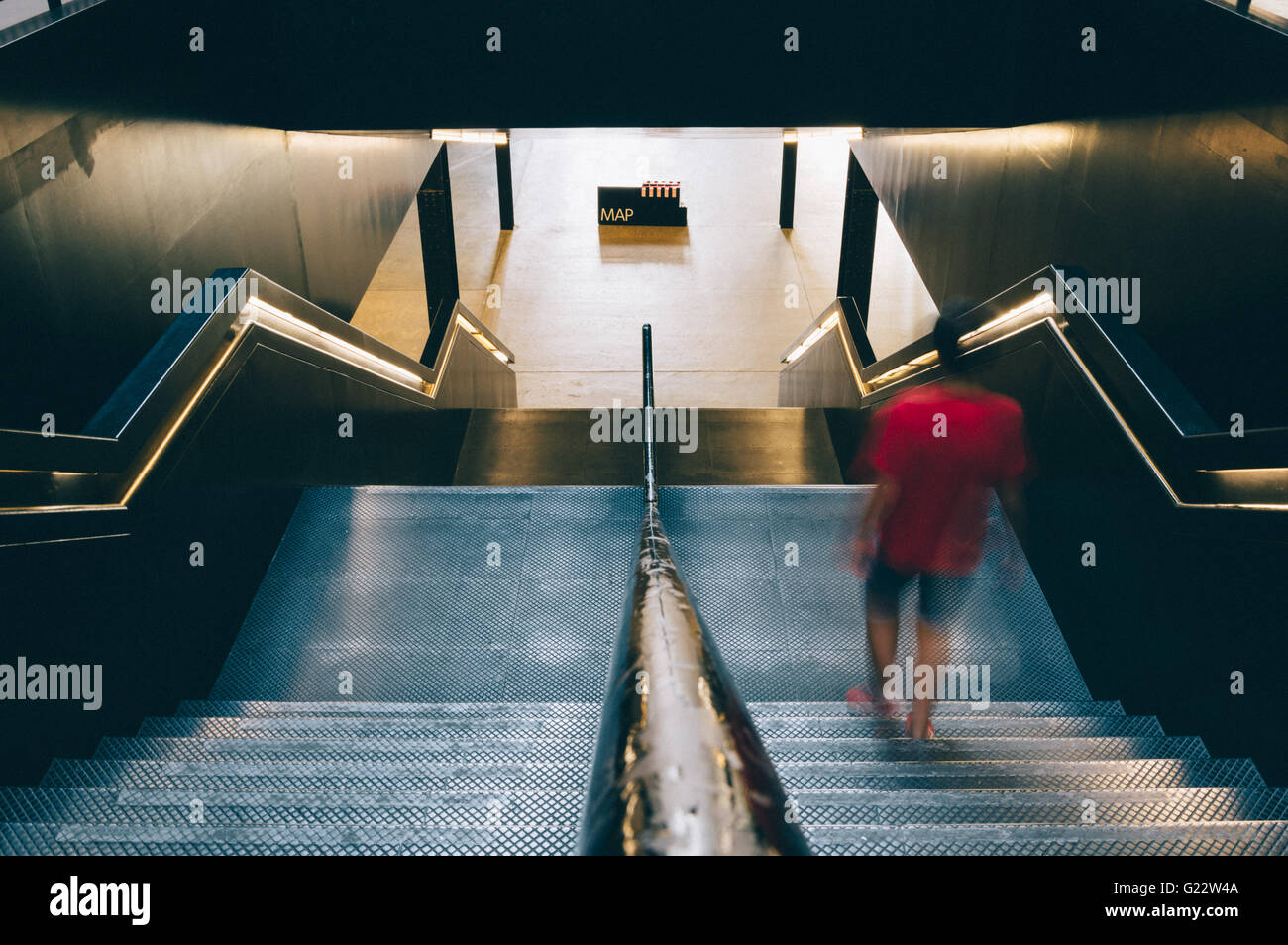 High angle view of stairs in the interior of a public building. A ...