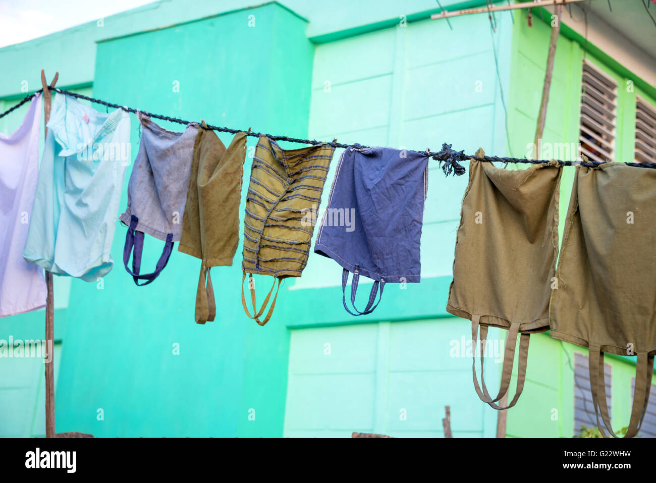 Laundry hanging on a rope, Cuba Stock Photo - Alamy