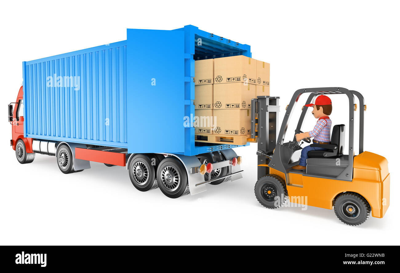 3d working people illustration. Worker driving a forklift loading a ...