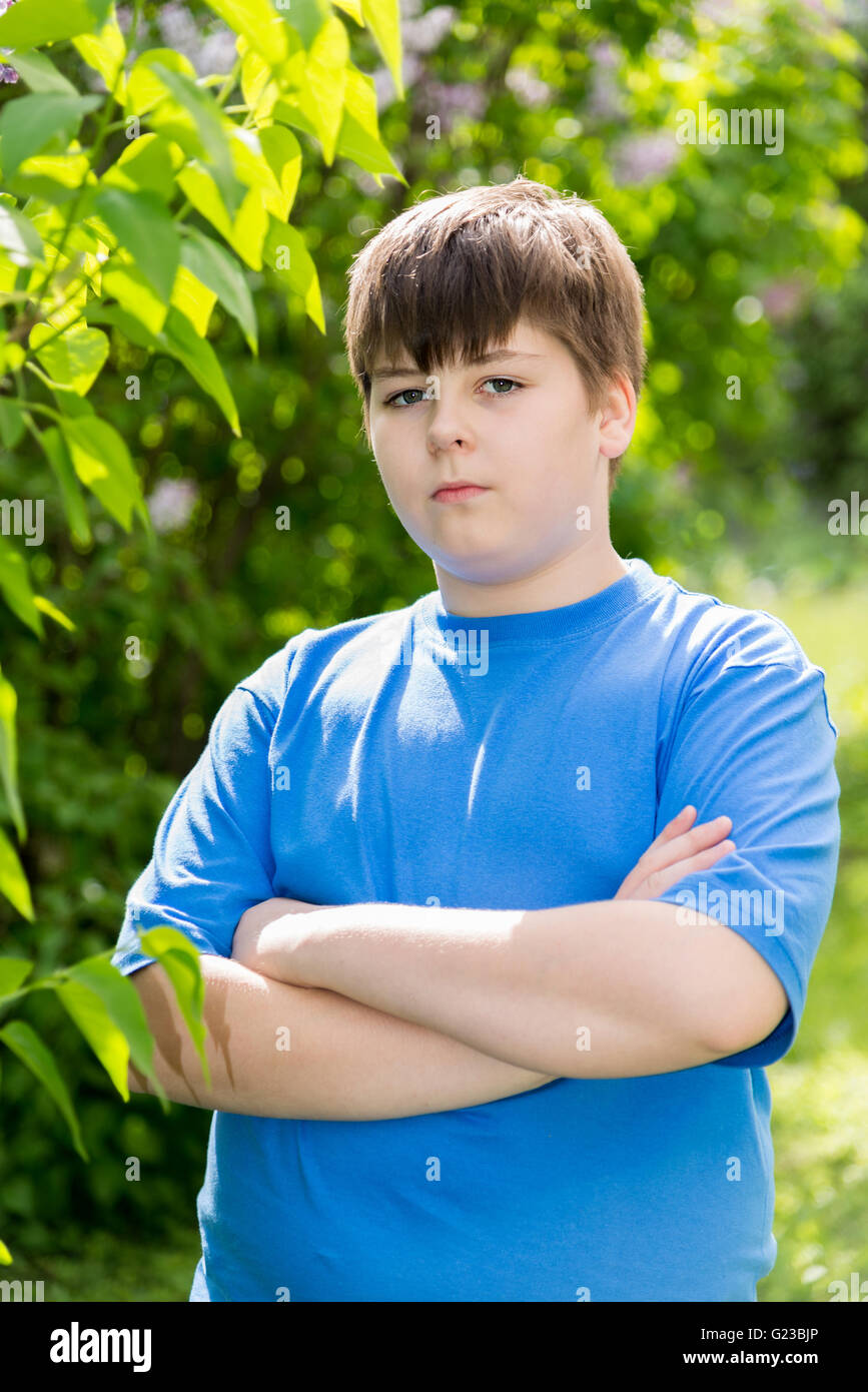 The boy crossed his arms in summer park Stock Photo - Alamy