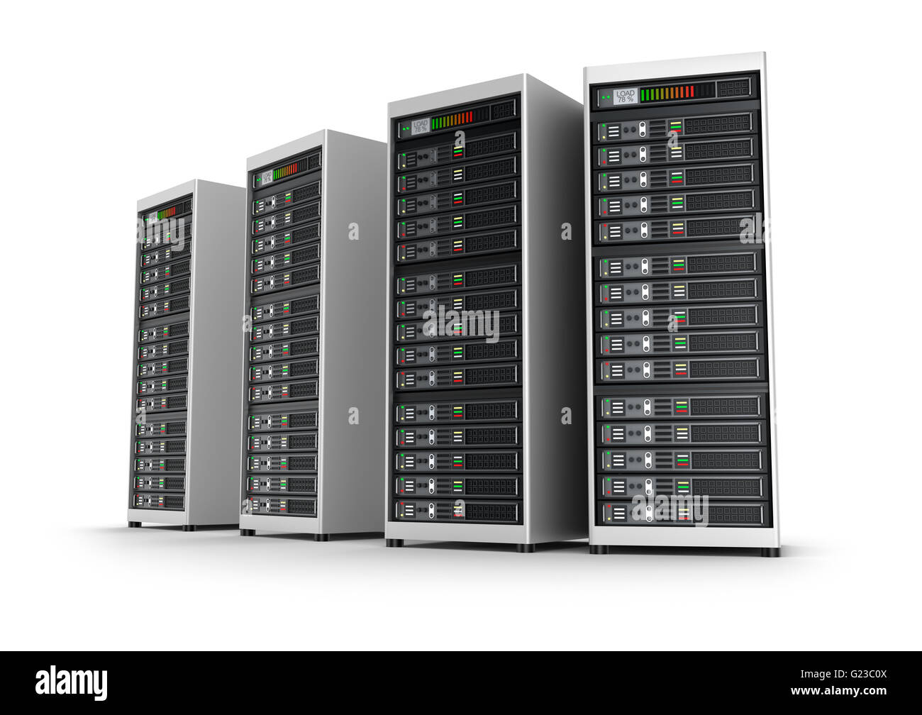 Row of network servers in data center isolated on white background ...