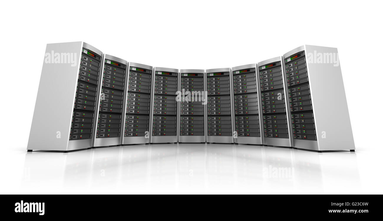 Row of network servers in data center isolated on white background ...