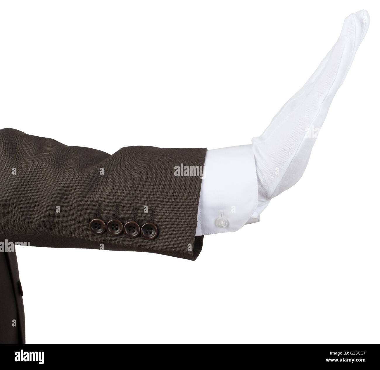 Mans hand in white glove showing stop gesture Stock Photo - Alamy