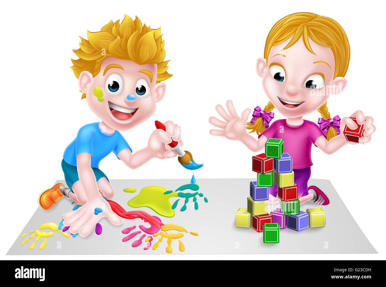 Cartoon boy and girl playing with toys, with paints and toy building ...
