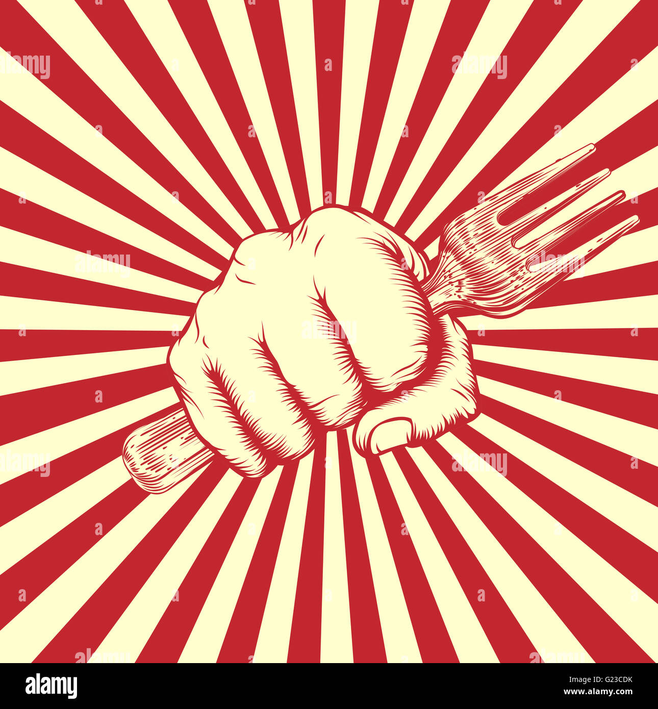 An original design of a fist holding a fork in a vintage propaganda ...