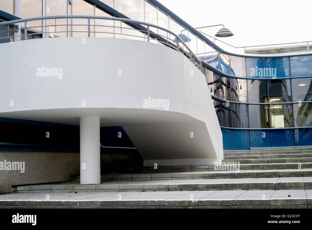 Steps leading up to a curved staircase at Falmouth University Tremough ...