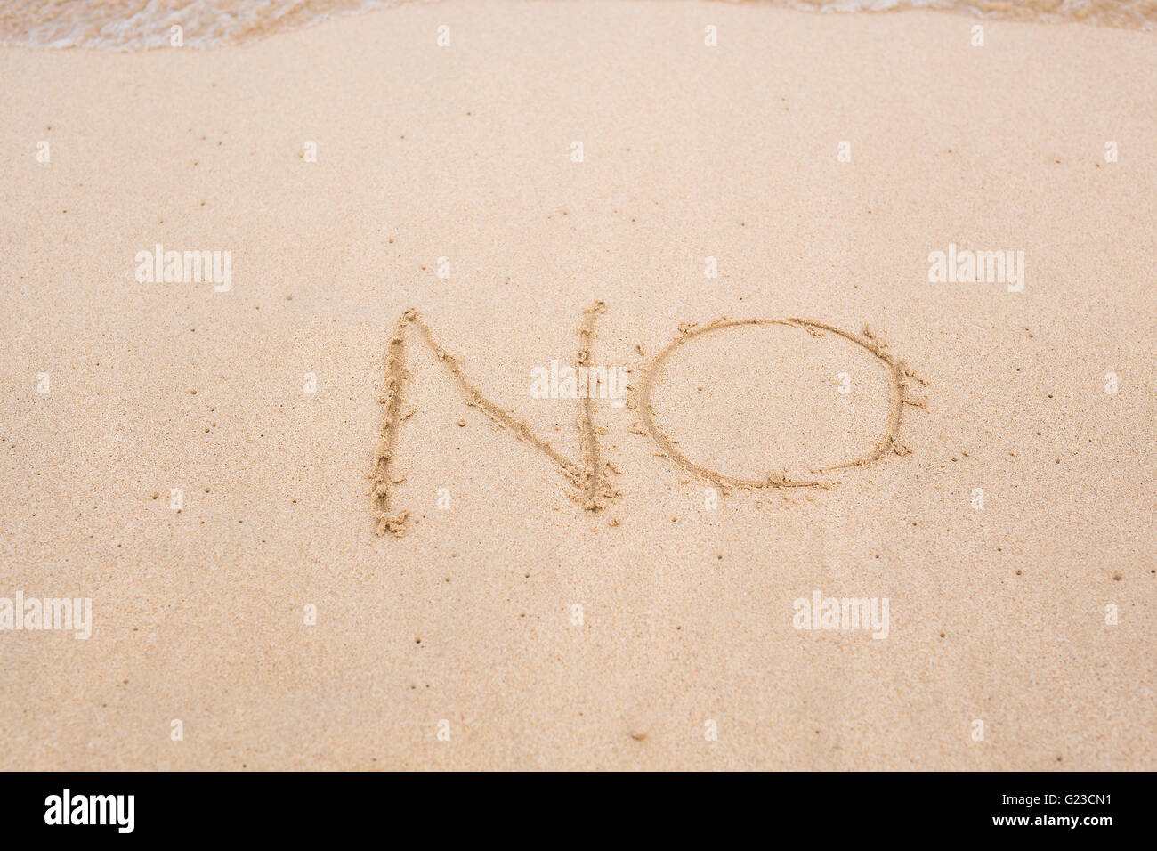 NO sign written in sand on beach texture sunny background. Closeup ...