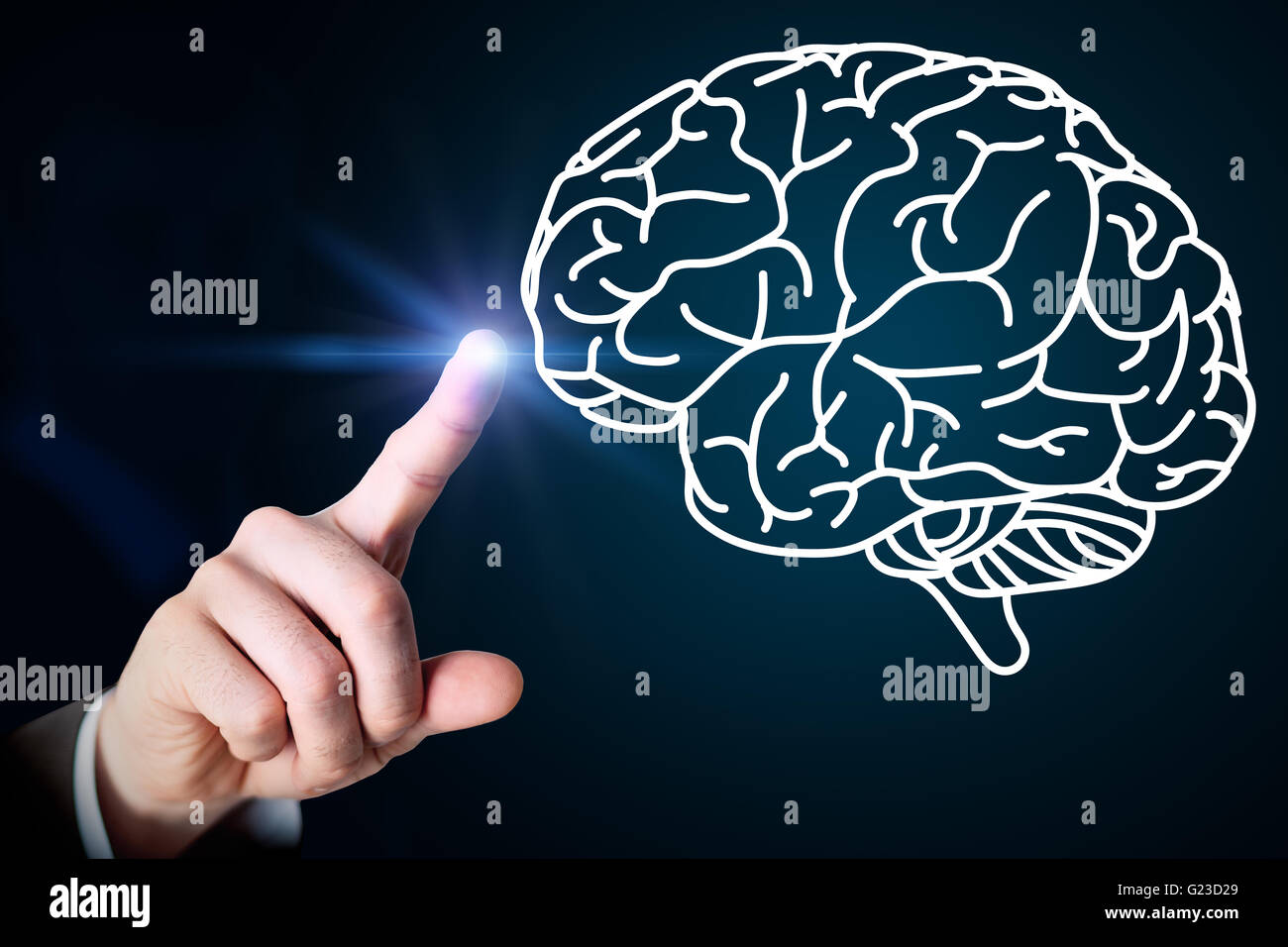 Close up of male hand touching brain on screen Stock Photo - Alamy