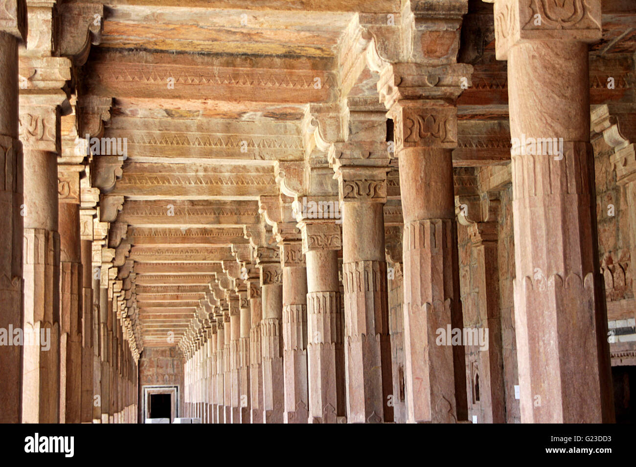 Perspective view of stone pillared corridor at Jami Masjid, Mandu ...