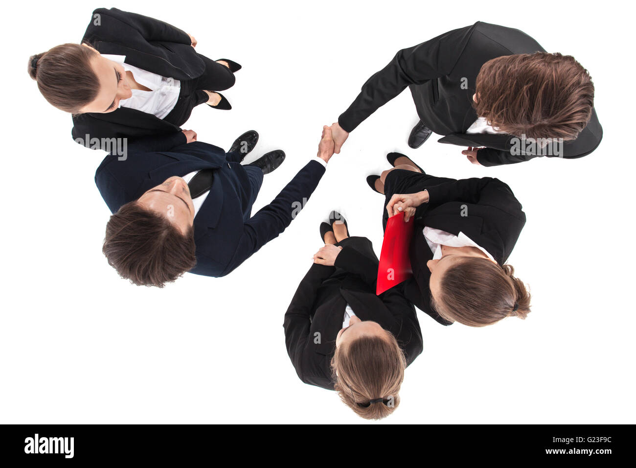 Top view of business man and woman shaking hands isolated on white ...