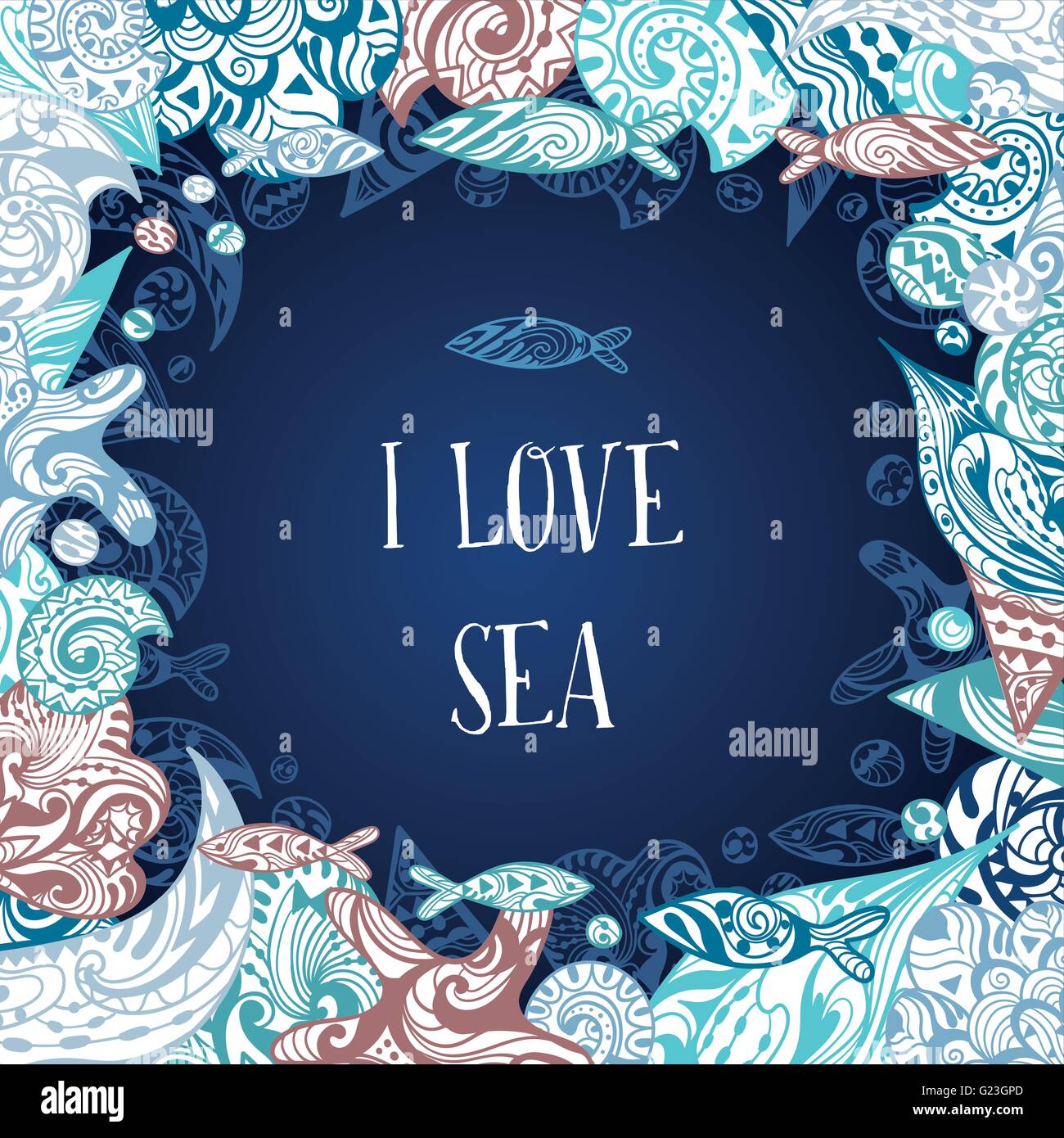 Creative abstract decorative square border with sketch sea life doodles ...