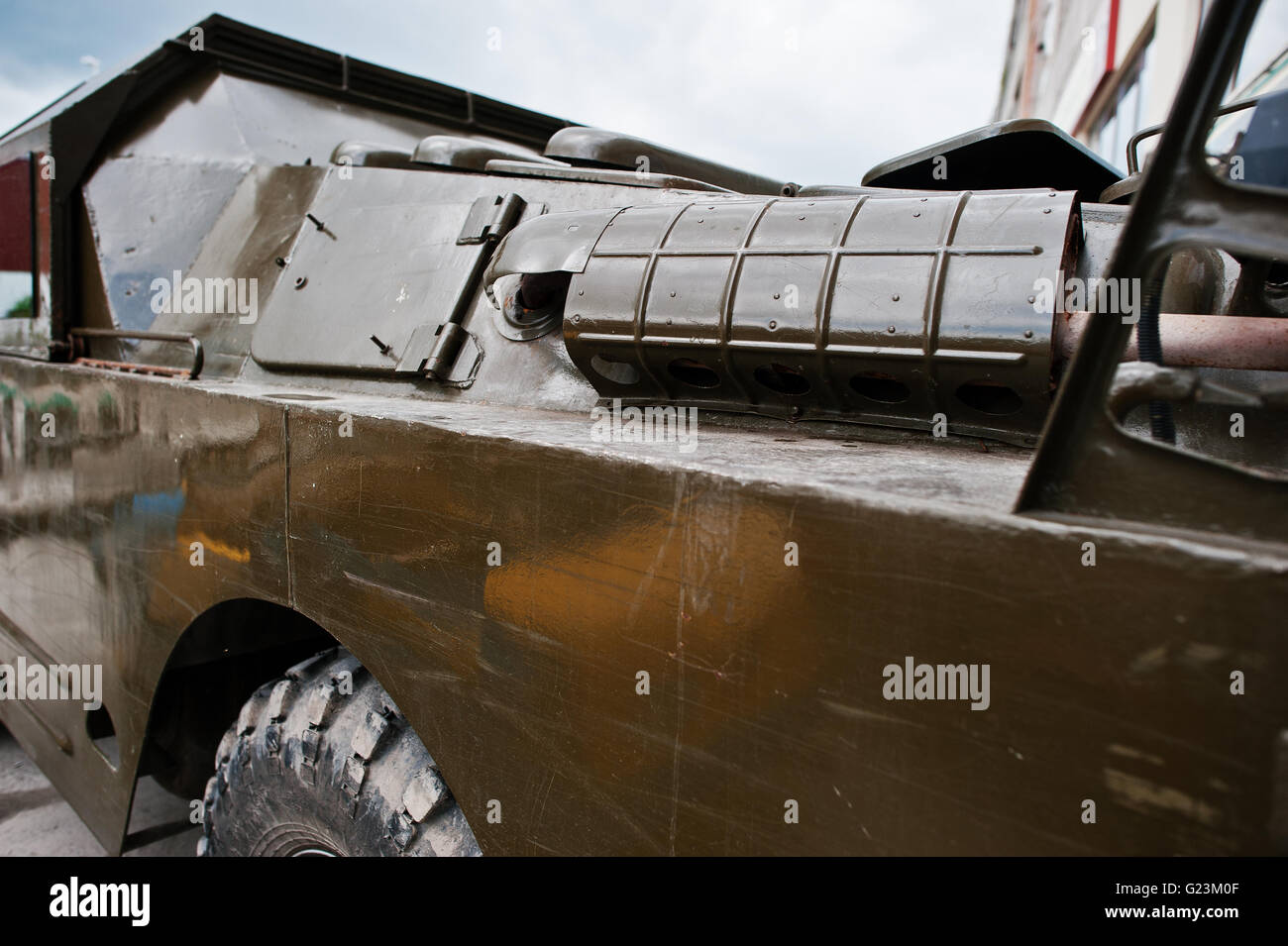 Close up exhaust on armored military car Stock Photo - Alamy