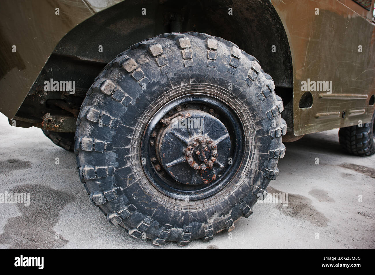 Close up wheel on armored military car Stock Photo - Alamy