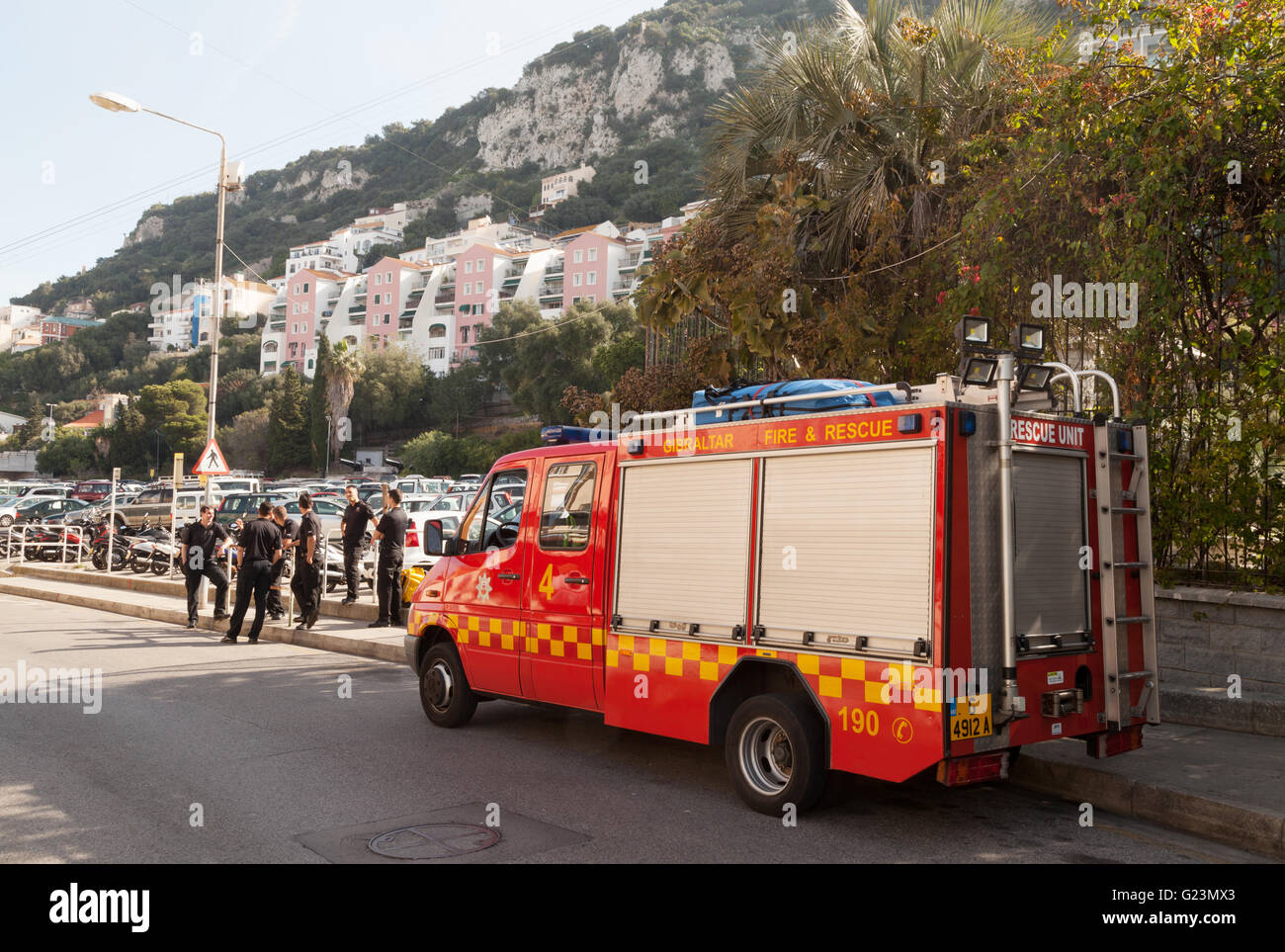 Gibraltar Fire engine and staff of the Gibraltar Fire Service ...