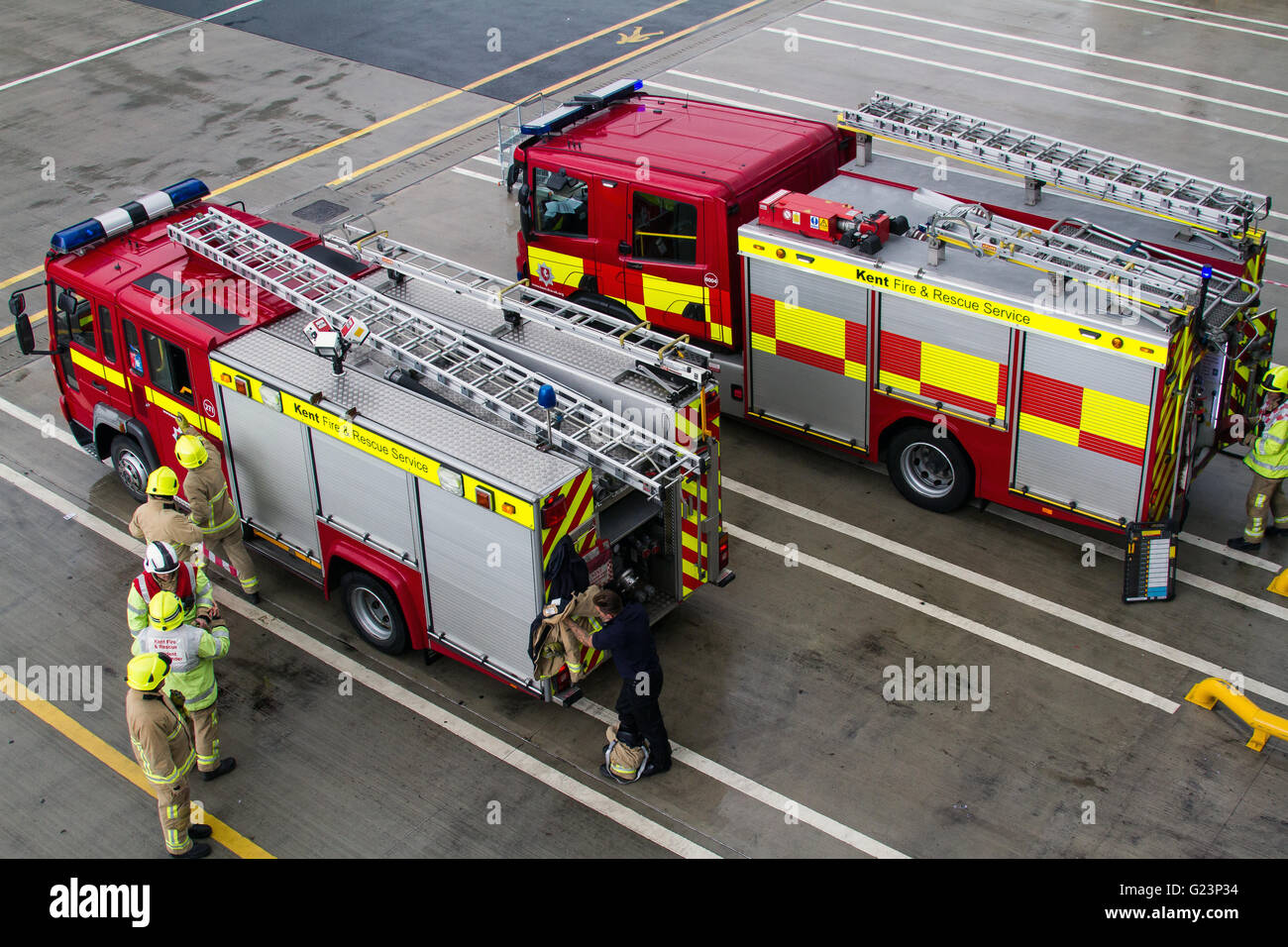 Two fire engines taking part in a simulated chemical incident at an ...