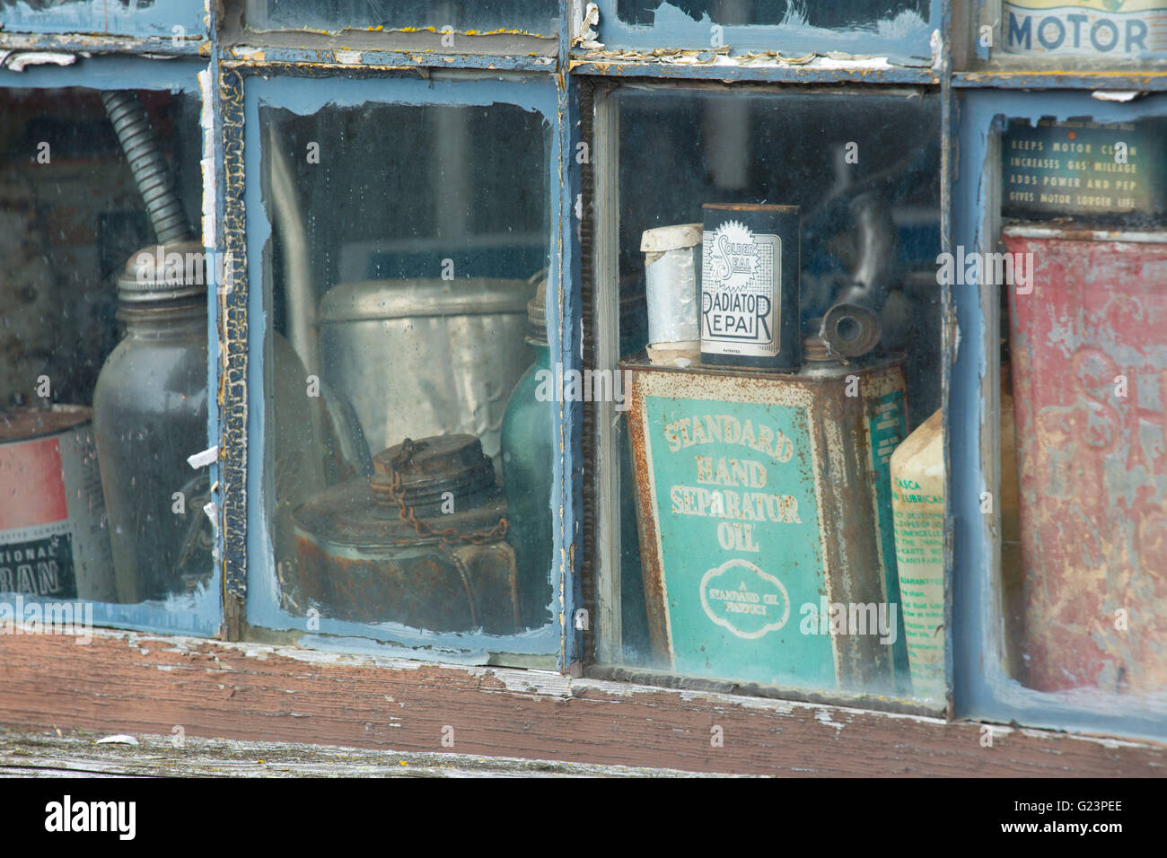 Galvin gas station window, Busek Auto Museum, Galvin, Washington Stock ...