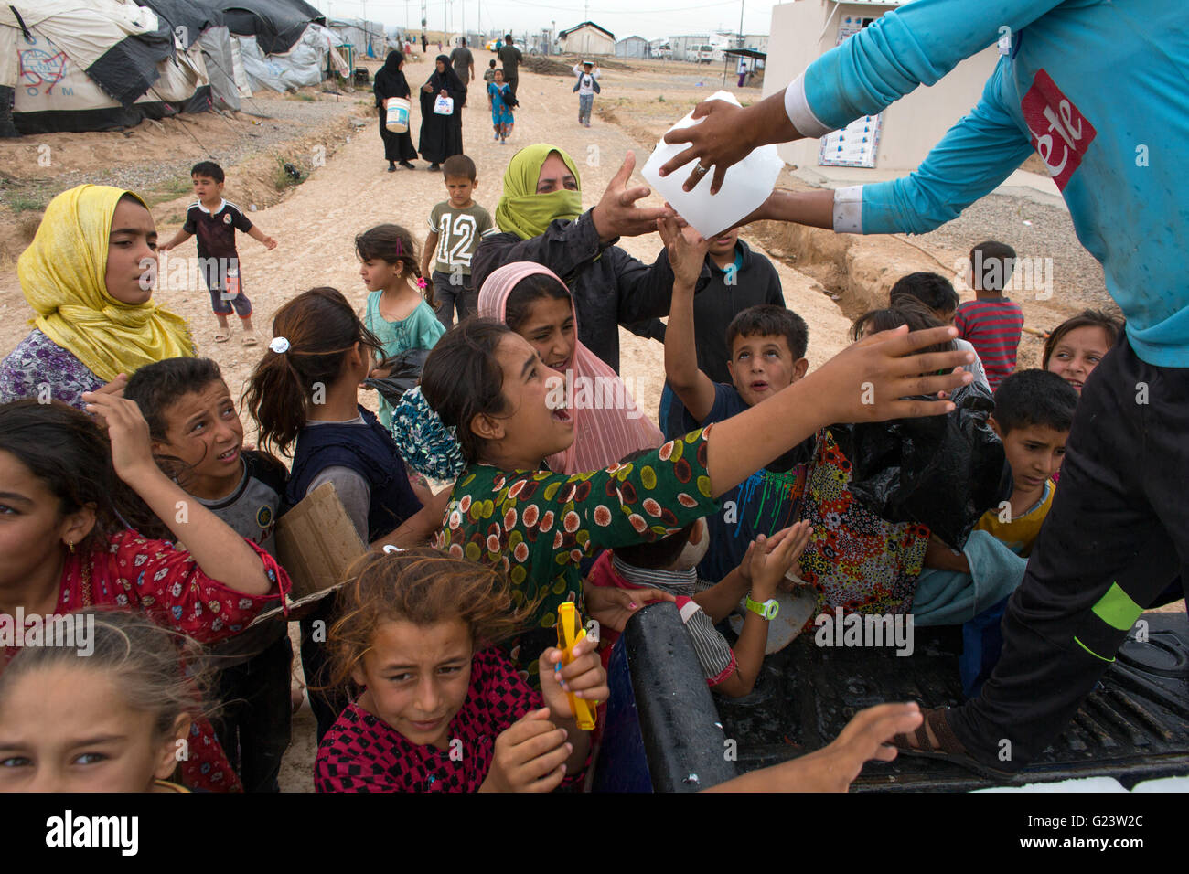 ice distribution to Iraqi displaced people in Anwald refugee camp ...