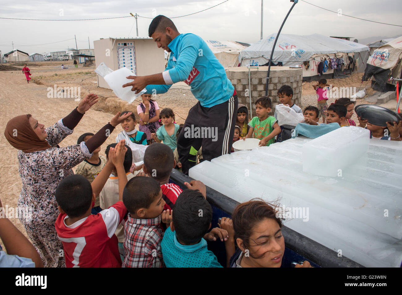ice distribution to Iraqi displaced people in Anwald refugee camp ...
