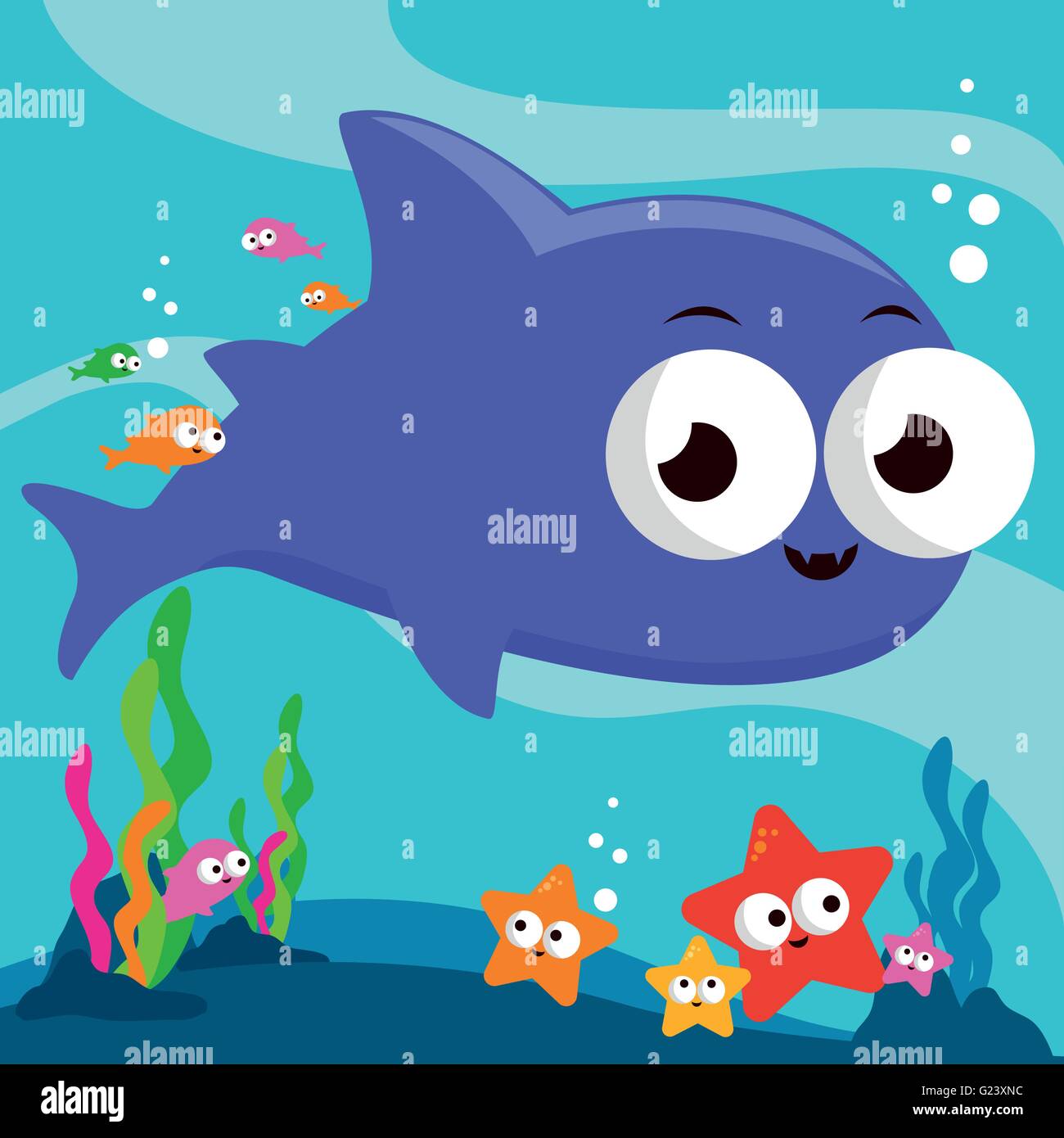 Shark swimming underwater. Cute cartoon baby shark under the sea ...