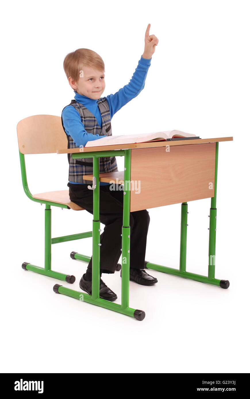 Boy raising hand to ask question isolated on white Stock Photo - Alamy