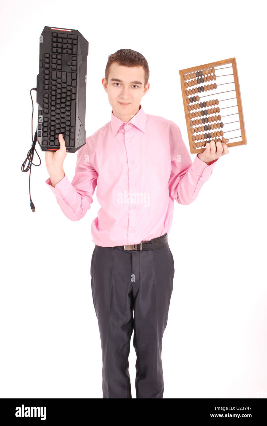 Smiling teenager holding a computer keyboard and abacus, isolated on ...