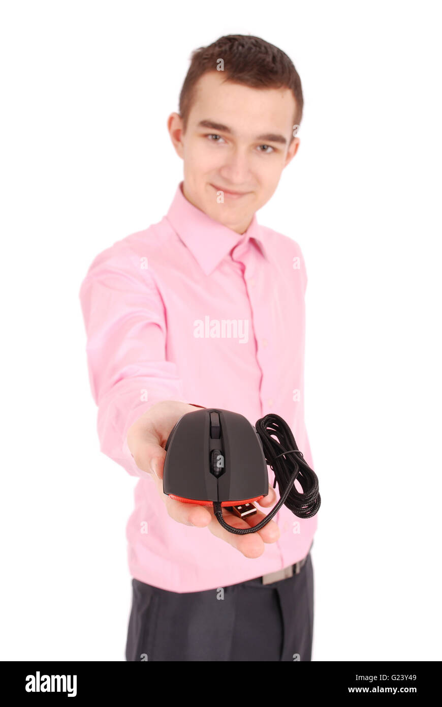 Young man holds in his hand black computer optical mouse isolated on ...