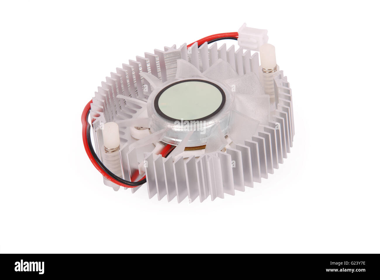 Close-up shot of a computer CPU cooler isolated on white background ...