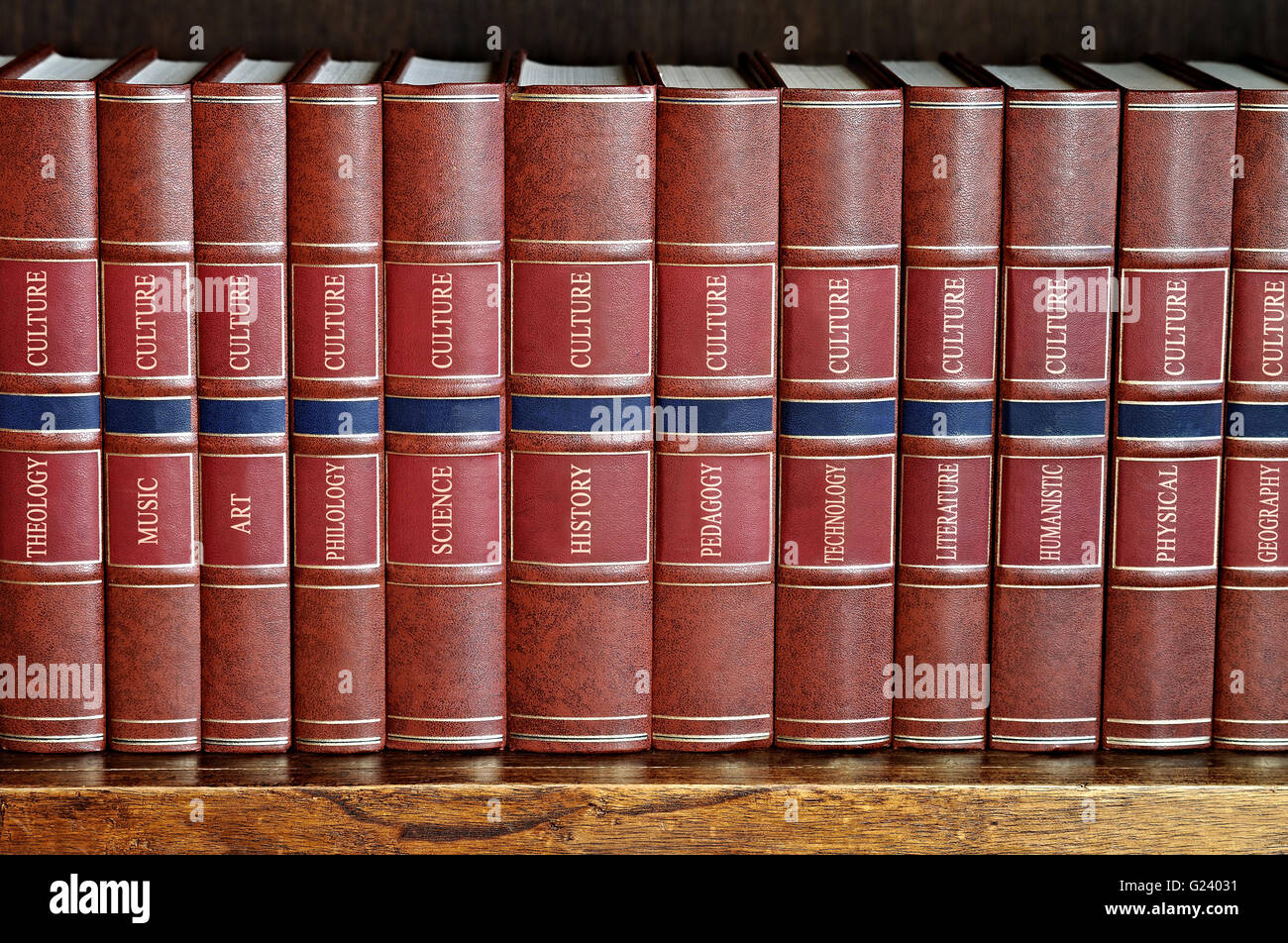 row of books with brown cover on a shelf with titles in English Stock ...